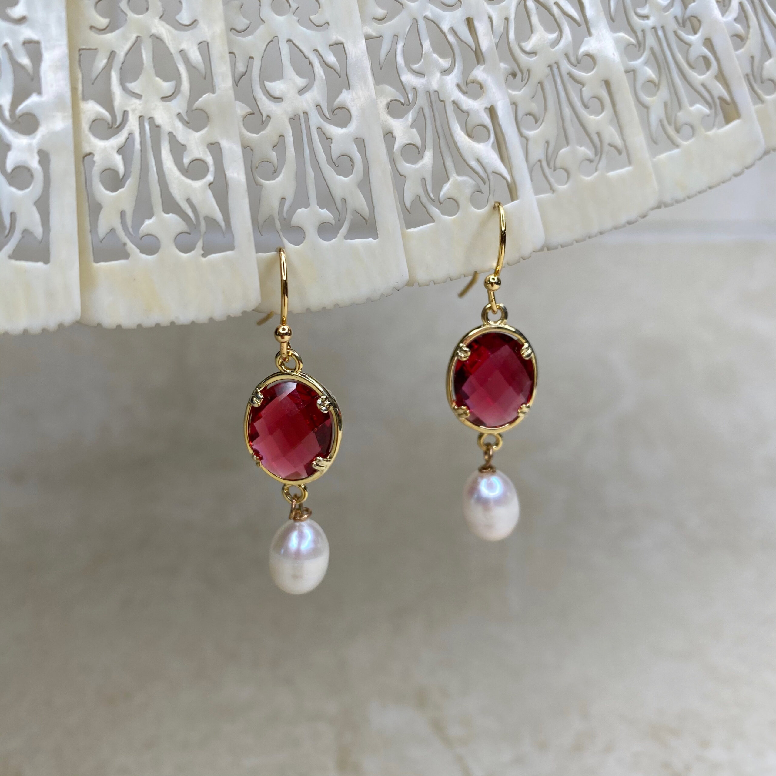 White Pearl and Red Crystal Drop Earrings | The Real Pearl Co