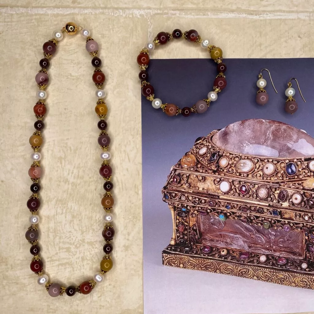 Mookaite, White Pearl, Garnet, and Brass Cap SET | The Real Pearl Co