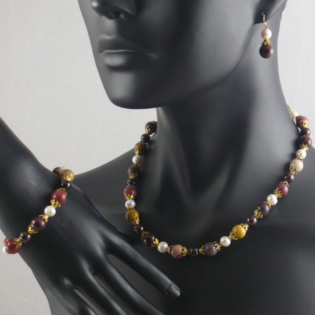 Mookaite, White Pearl, Garnet, and Brass Cap SET | The Real Pearl Co